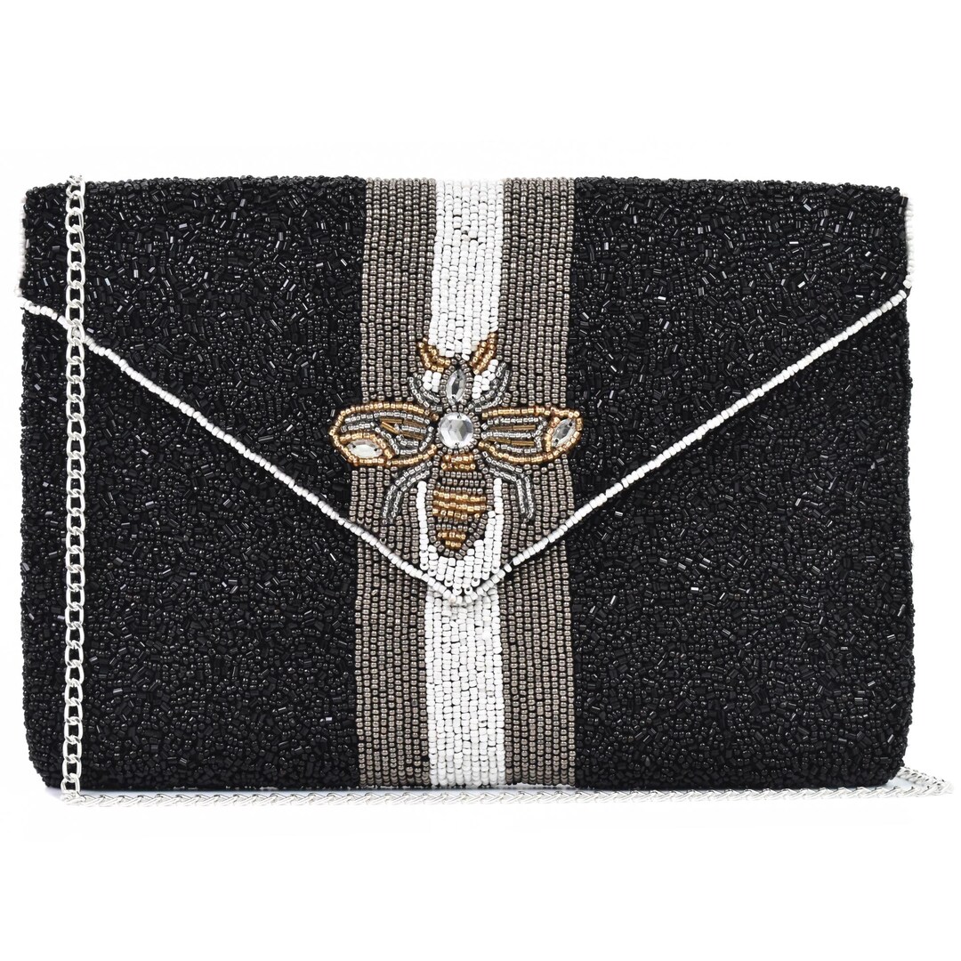 Black Bee Beaded Clutch, Handmade Bee Handbag, Wedding Party Chain ...