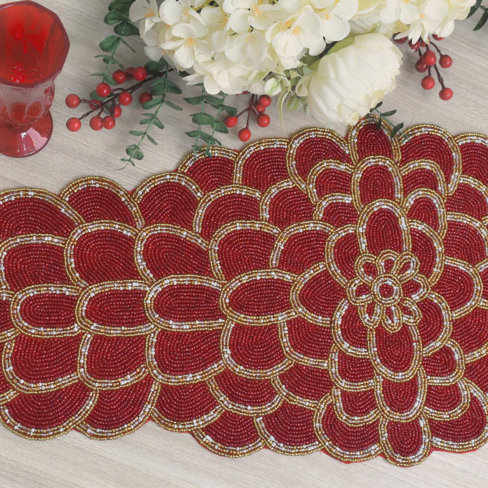Handmade Table Runner, Beaded Table Runner, Red Gold Floral Mat, Luxury ...