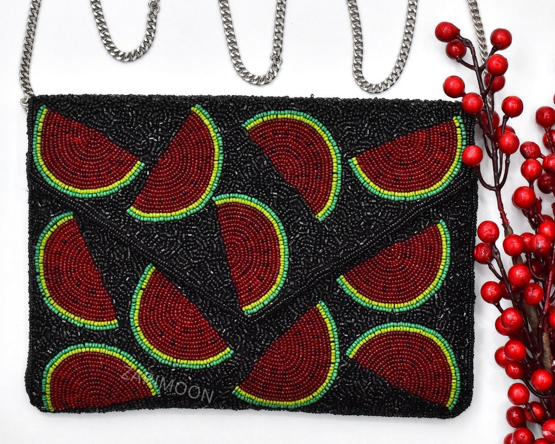 Watermelon Beaded Clutch, Black Handmade Valentine Handbag, Wedding ...