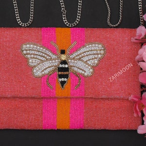 Pink Butterfly Beaded Clutch, Handmade Bee Handbag, Wedding Party Chain ...