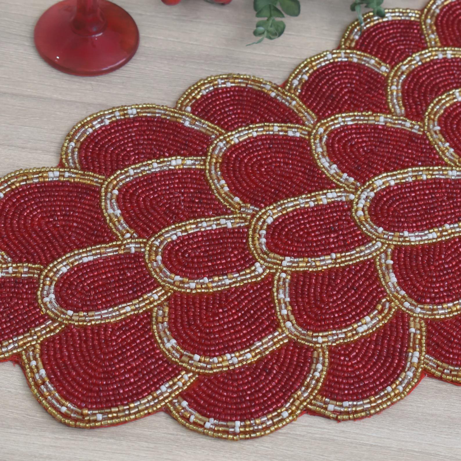 Handmade Table Runner, Beaded Table Runner, Red Gold Floral Mat, Luxury ...