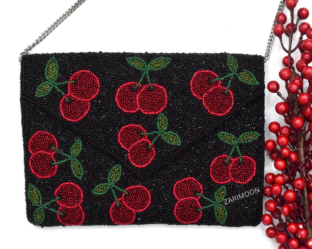 Cherries Beaded Clutch Purse, Black and Red Beaded Summer Clutch, Party ...