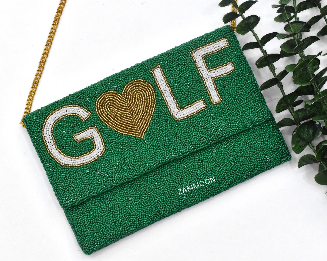 NEW! Golf Beaded Clutch Bag, Crossbody Bag, Green and Gold Seed Bead ...