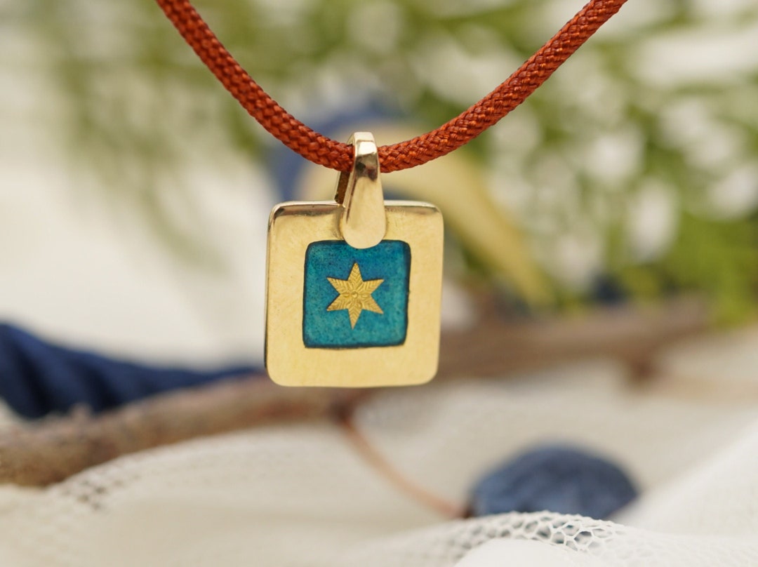18k Solid Gold Enamel Pendant, Square Gold Pendant With Golden Star ...