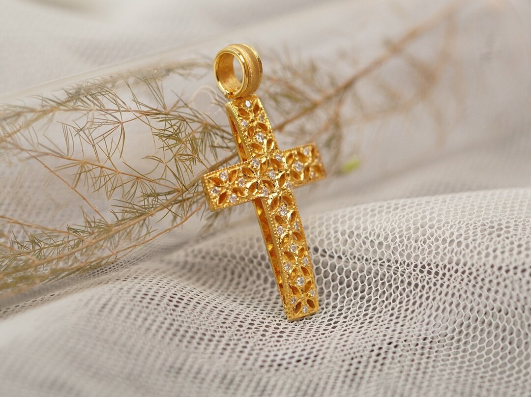 18k Gold Engraved Cross With Diamonds, Unisex Baptism Cross - Etsy