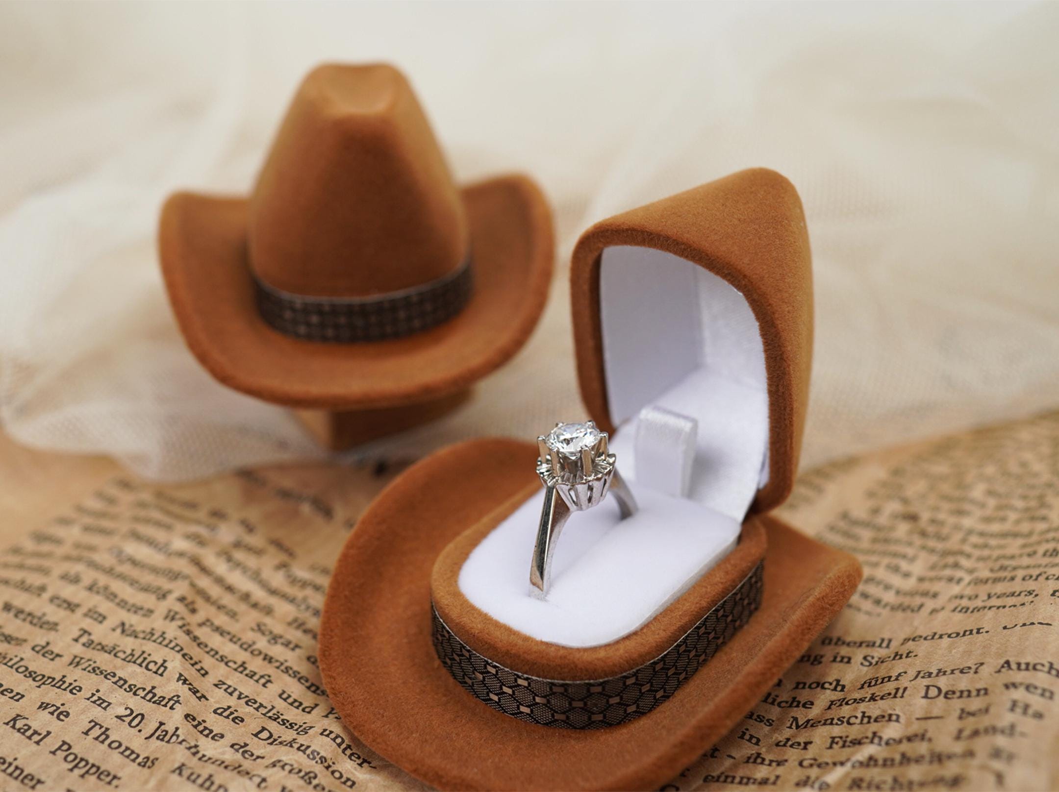 Brown Velvet Cowboy Hat Box, Cowboy Proposal Box, Jewelry Box - Etsy