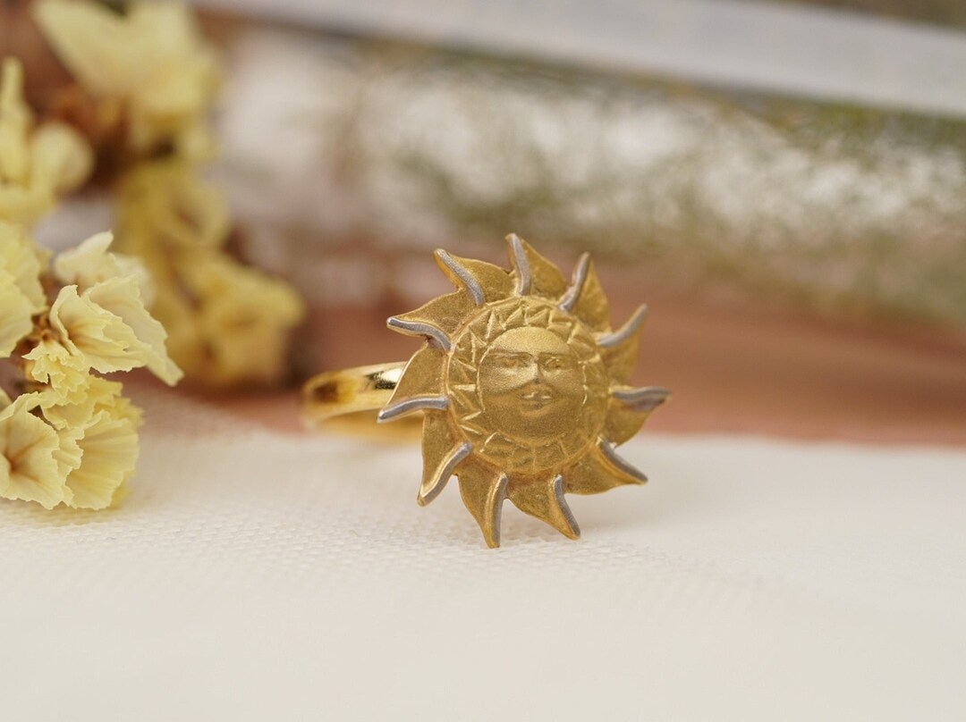 18k Solid Gold Handmade Sun Ring, Two Tone Gold Rind, Gold Present for ...