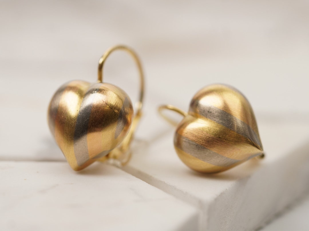 18k Tri Color Heart Earrings, Gold Heart Leverback Earrings, Gold ...