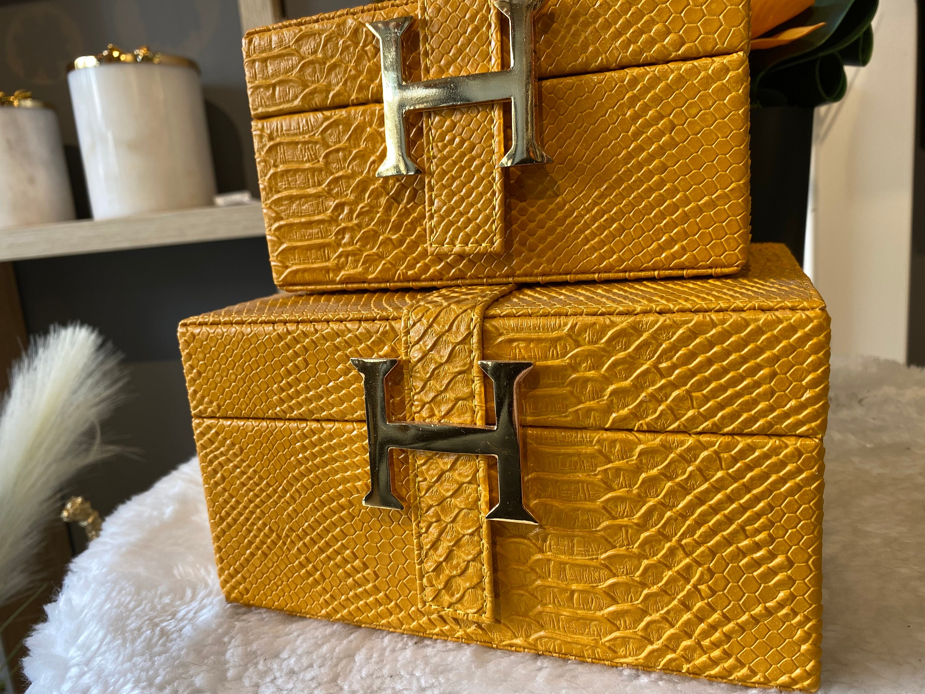 2 Mustard Color Faux Leather Box Set, Dresser Box, Luxury Storage ...