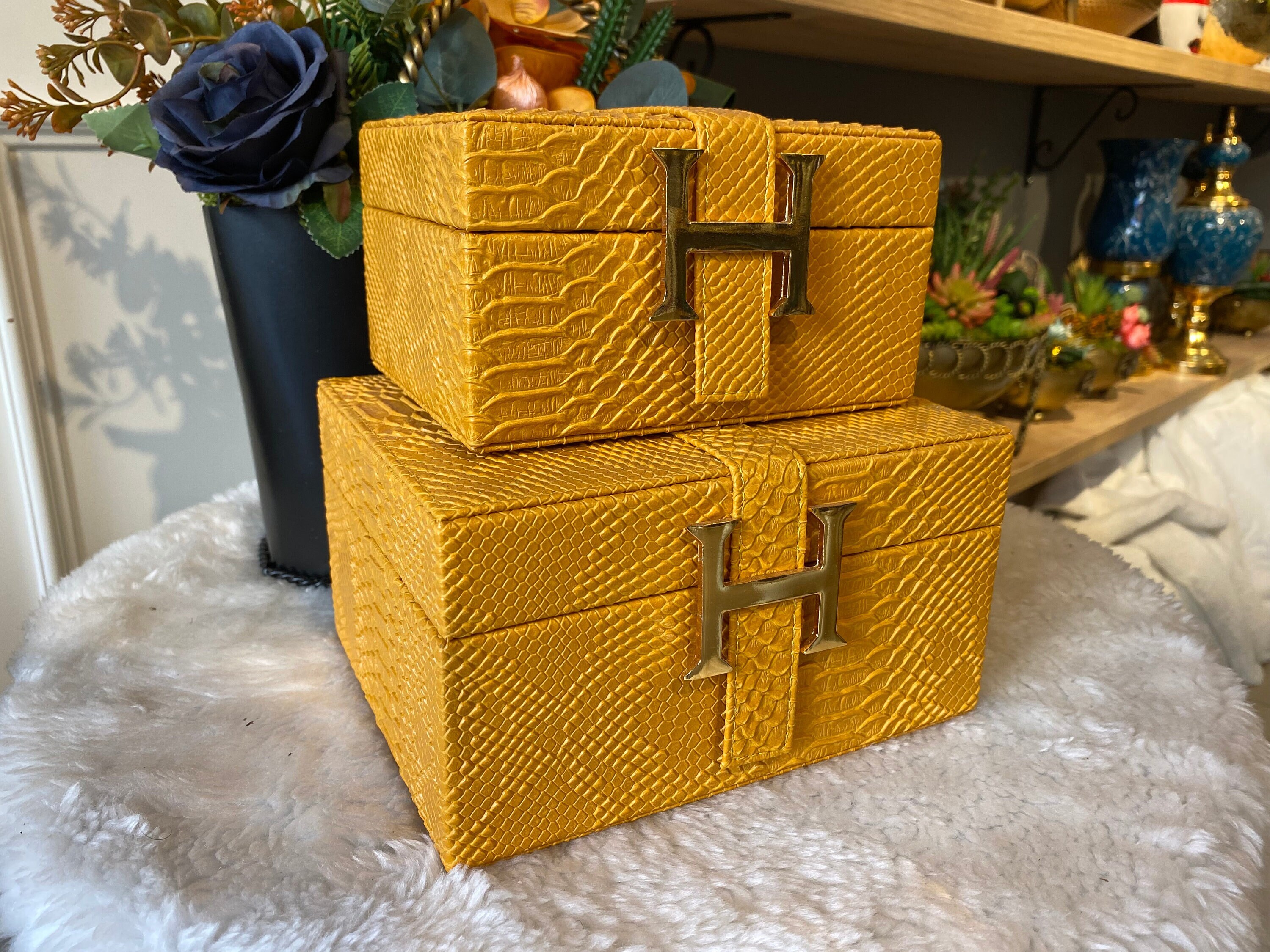 2 Mustard Color Faux Leather Box Set, Dresser Box, Luxury Storage ...