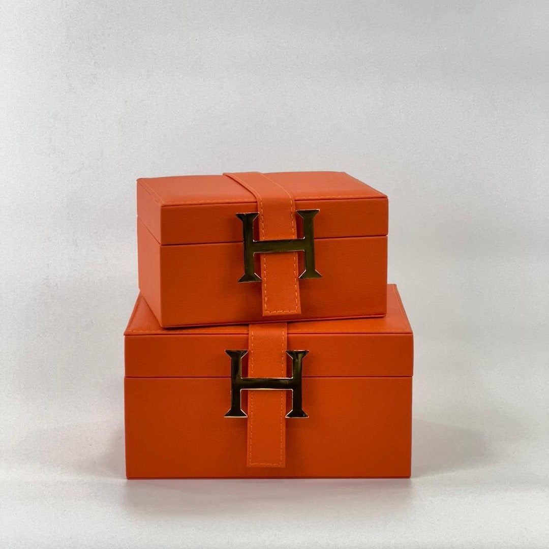 Set of 2 Orange Faux Leather Boxes, Dresser Box, Luxury Storage ...