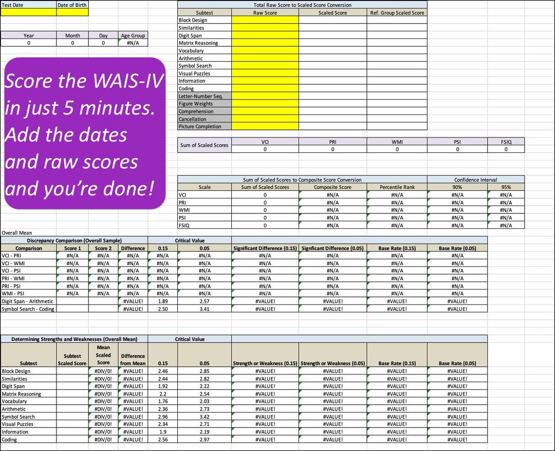 WAIS-IV Autoscoring Template wechsler Adult Intelligence Scale Fourth ...