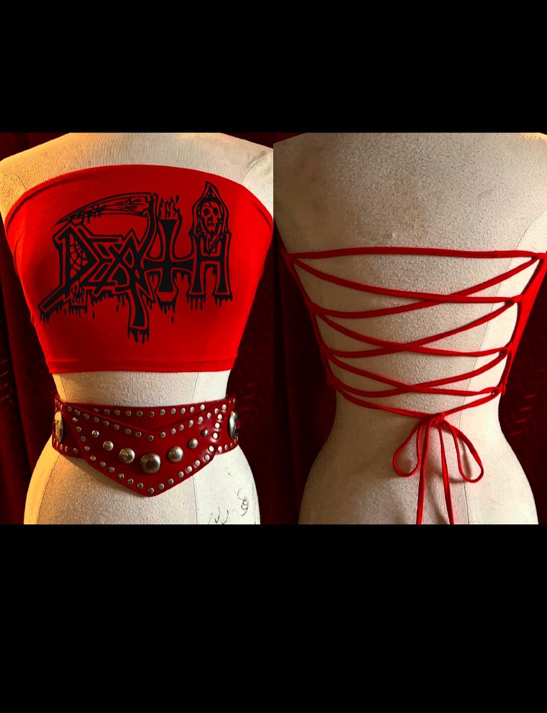 Red Laced up Tube Top, Black Metal, Heavy Metal, Crop Top Summer Tops ...