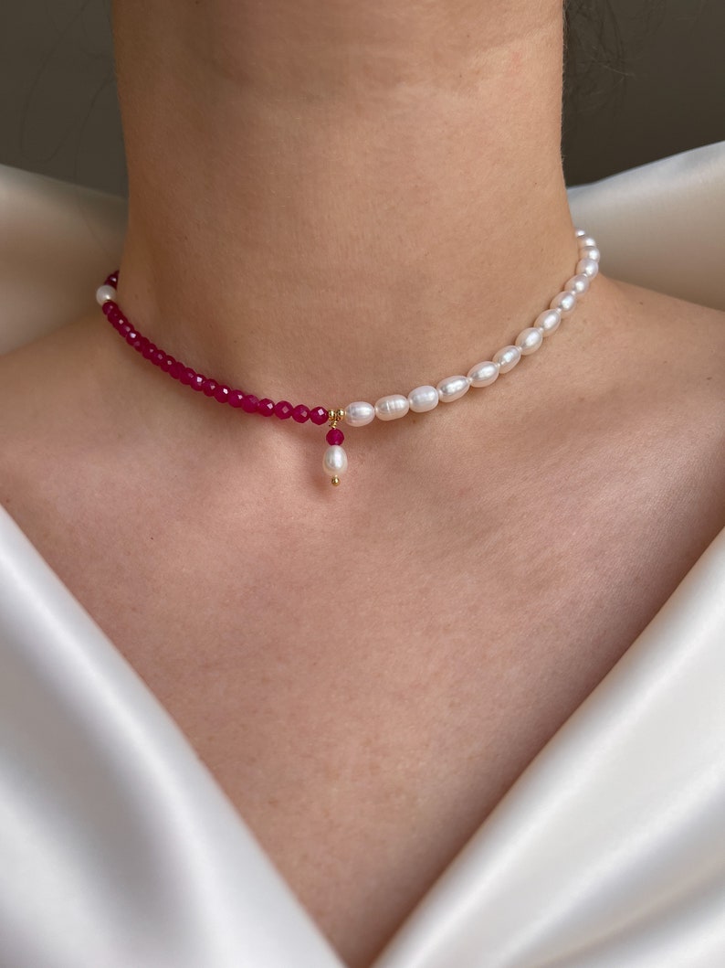 Pink Spinel Pearl Necklace/ Half Pearl Necklace/ September Birthstone ...
