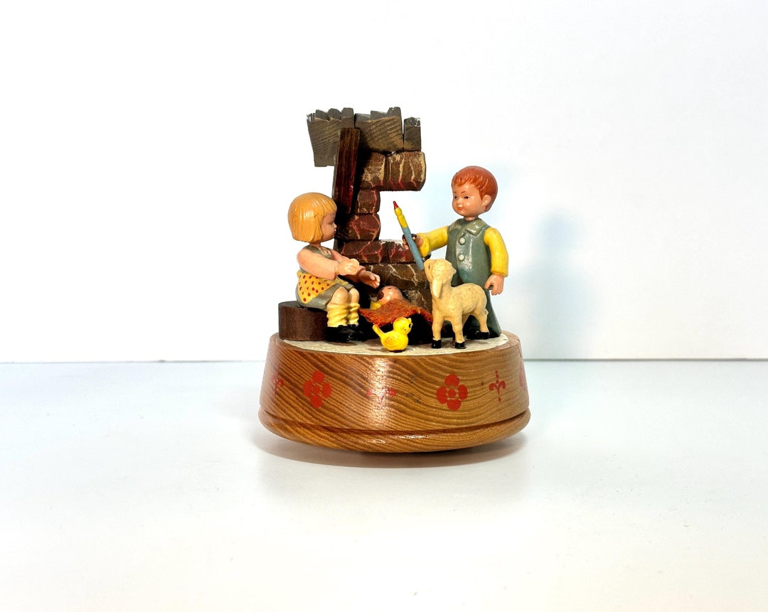 Mid-century Anri Rotating Music Box Boy Girl With Baby | Handmade ...