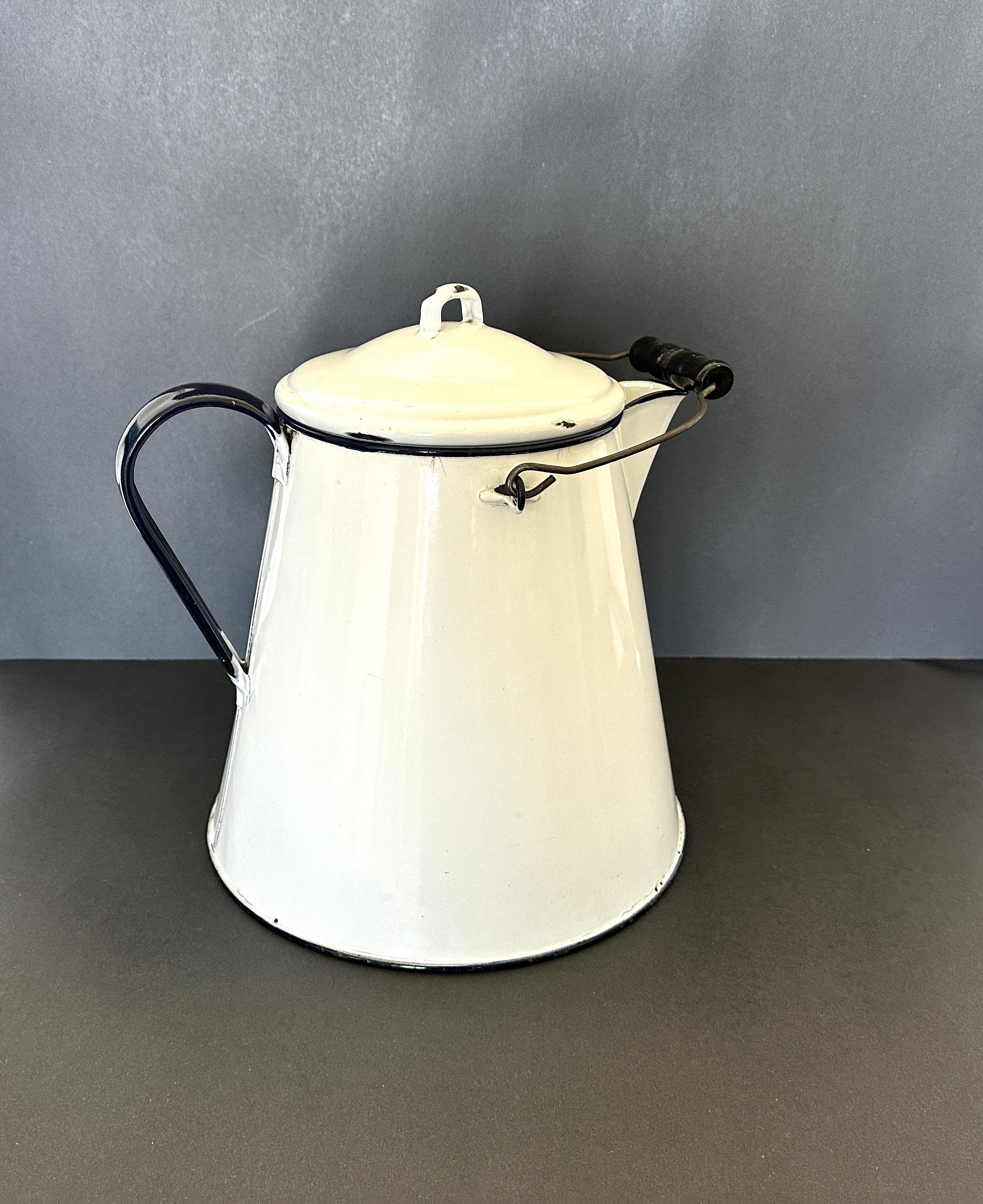 Large White Enamel Coffee Pot With Blue Trim - Etsy