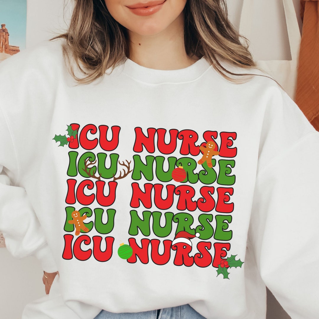 ICU Nurse Christmas Sweatshirt Intensive Care Unit Retro ICU Nurse Xmas ...
