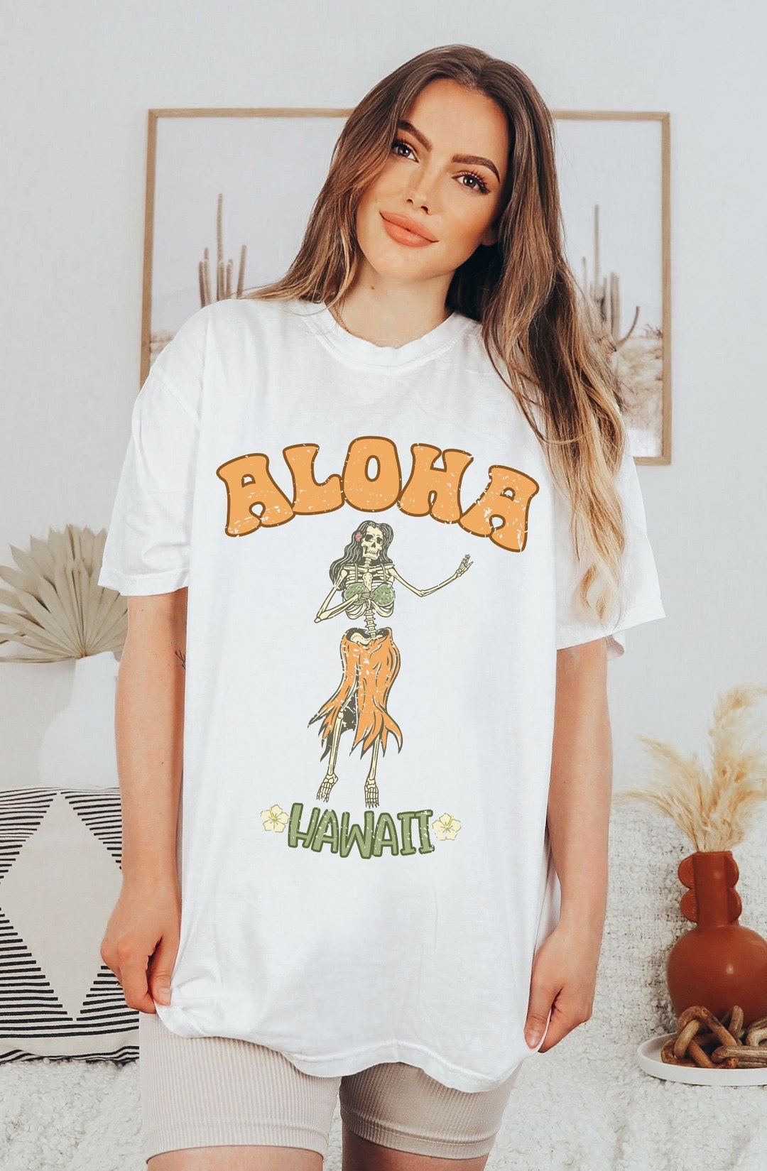 Retro Hawaii Shirt Skeleton Hula Dancer Beachy Tee Oversized Tshirt for ...