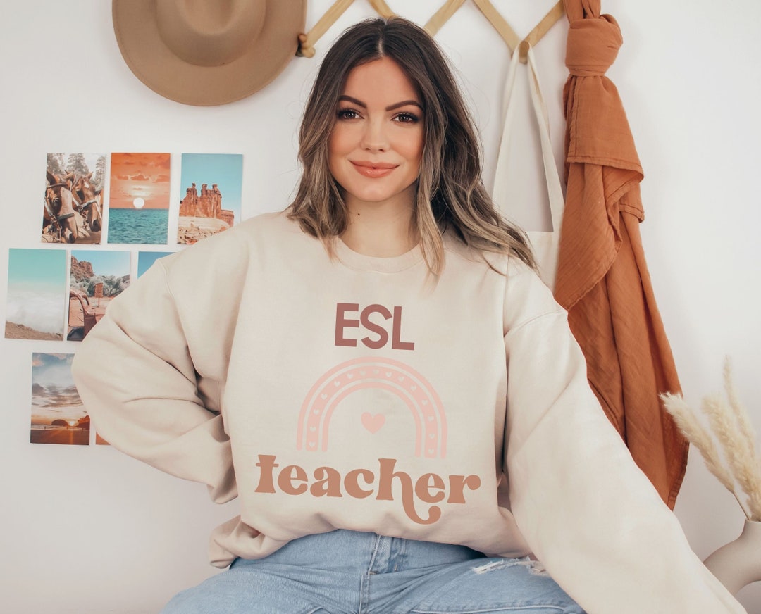 Groovy Retro Rainbow ESL School Teacher Crewneck Sweatshirt Trendy ...