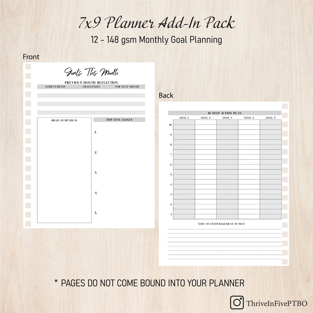 7x9 Planner Add-in Pack | Monthly Goals | for Thrive in Five Planners ...