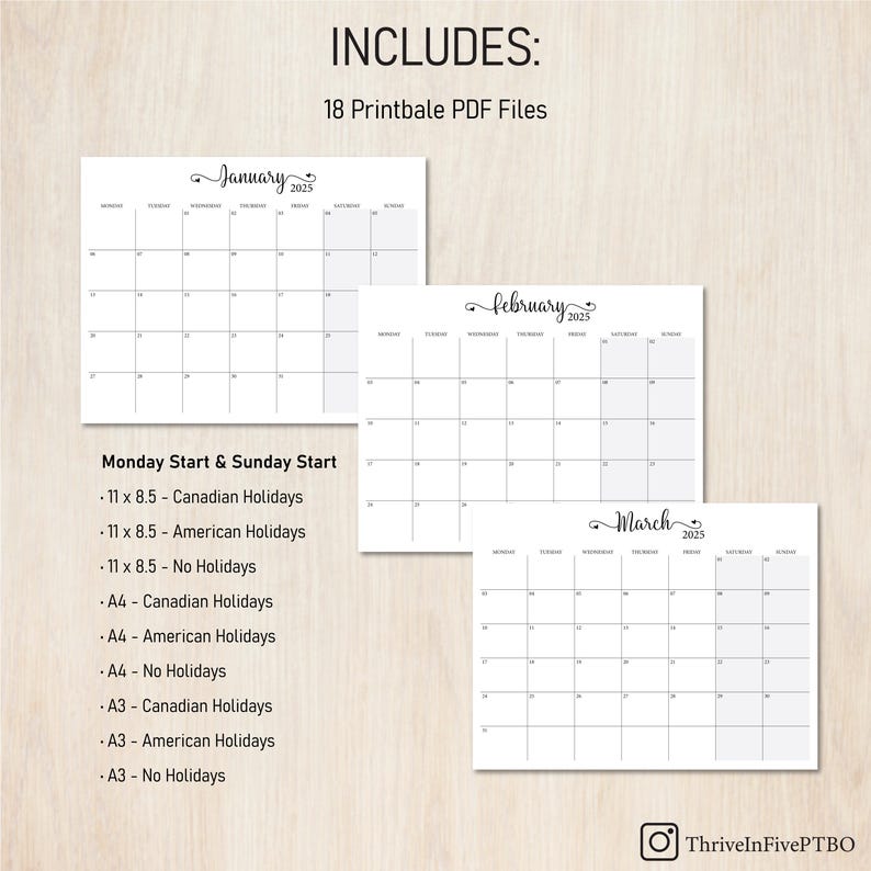 2025 Printable Monthly Calendar Sheets | Sunday and Monday Start | PDF ...
