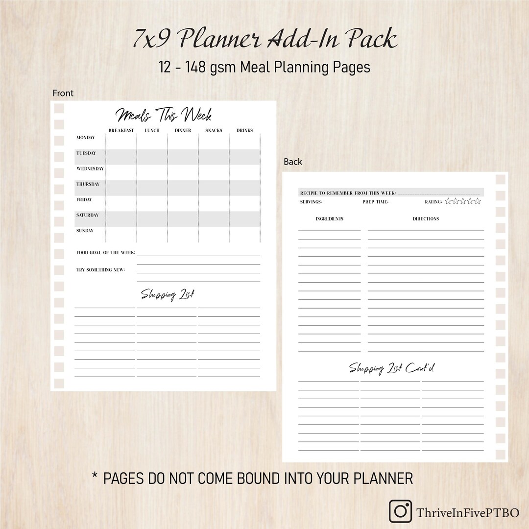 7x9 Planner Add-in Pack | Meal Planning | for Thrive in Five Planners ...