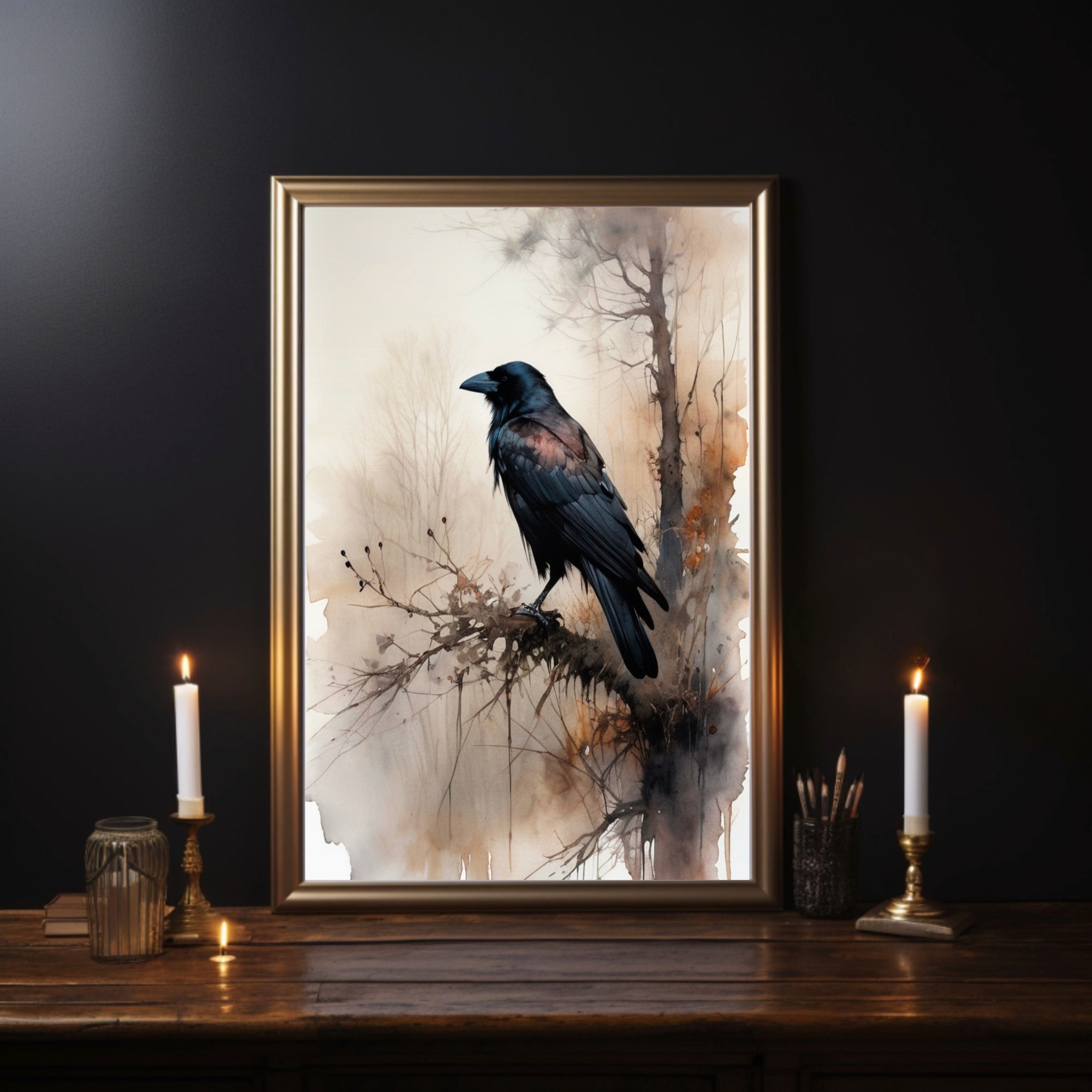 Black Crow Crow Art Print, Vintage Style Painting, Dark Academia, Black ...