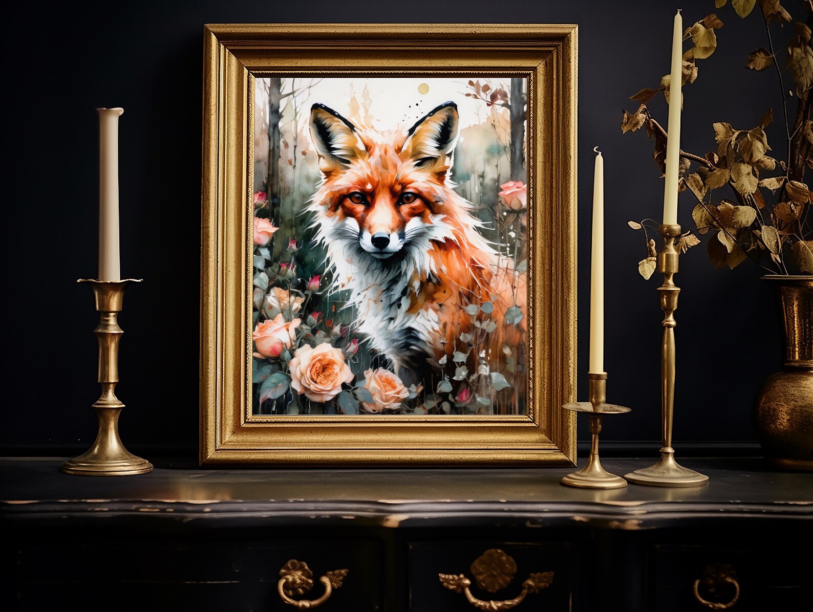 Red Fox and Roses Digital Download, Cottagecore Fox Art Print, Vintage ...