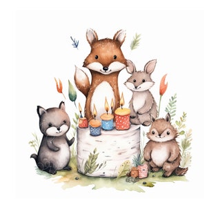 Water Color Woodland Animals Birthday Clipart, Bear PNG, Baby Fox, PNG ...