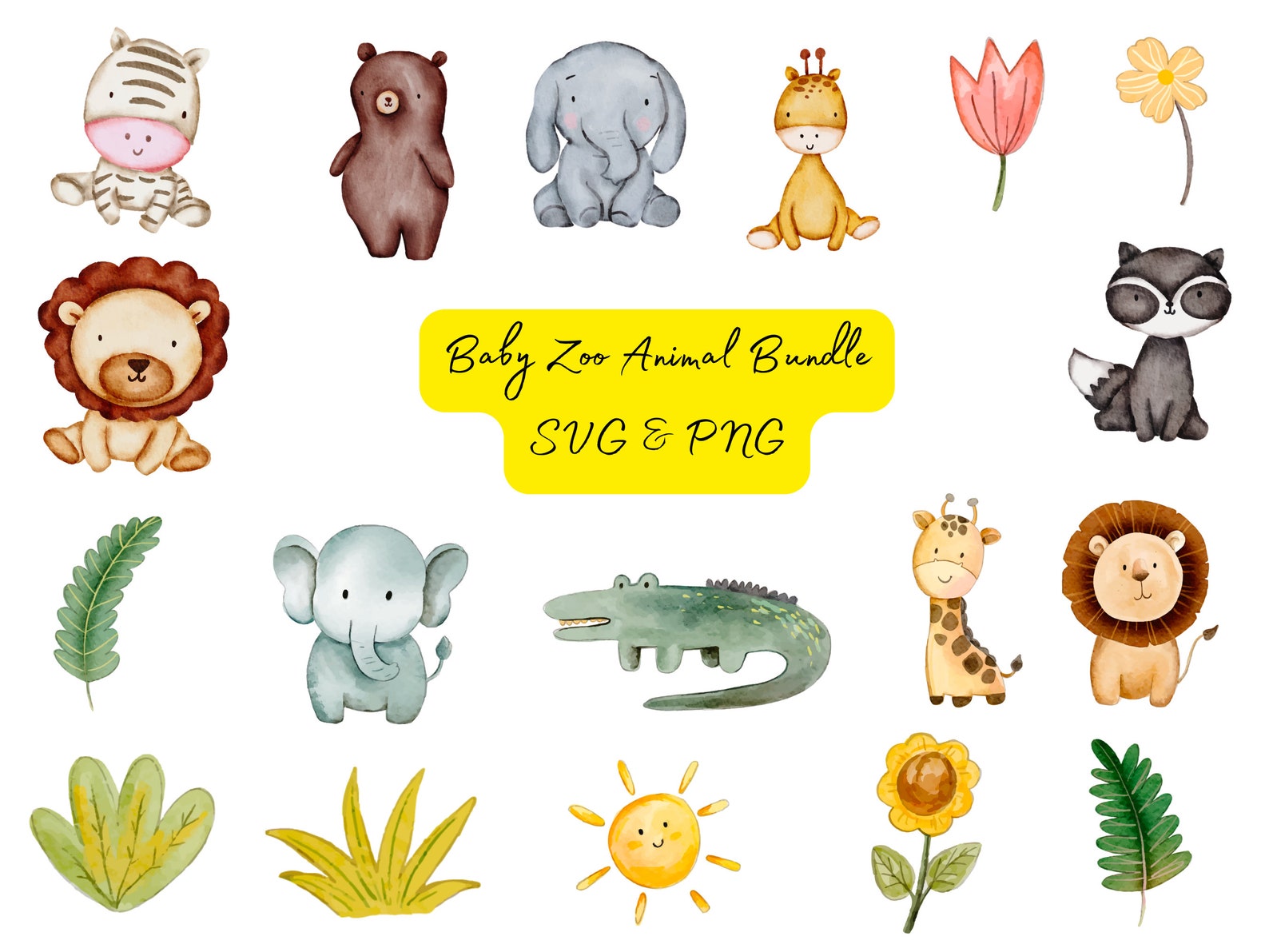 Baby Zoo Animals Watercolor Clipart - Cute Baby Shower Nursery Decor ...