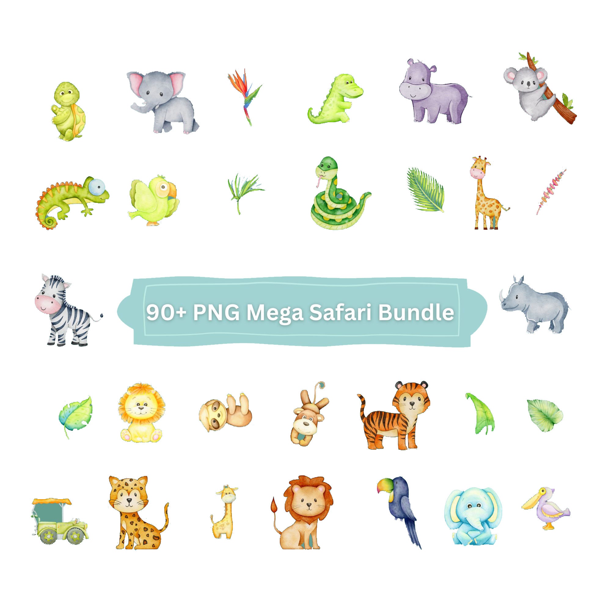 Mega Safari Animals Watercolor Clipart Bundle - Cute Baby Shower ...