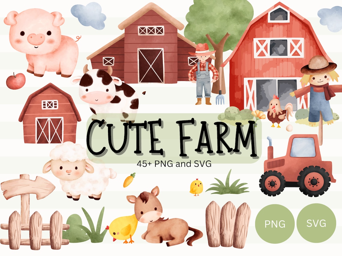 Cute Farm Clipart, Farm Animals Watercolor PNG & SNG Digital Clipart ...