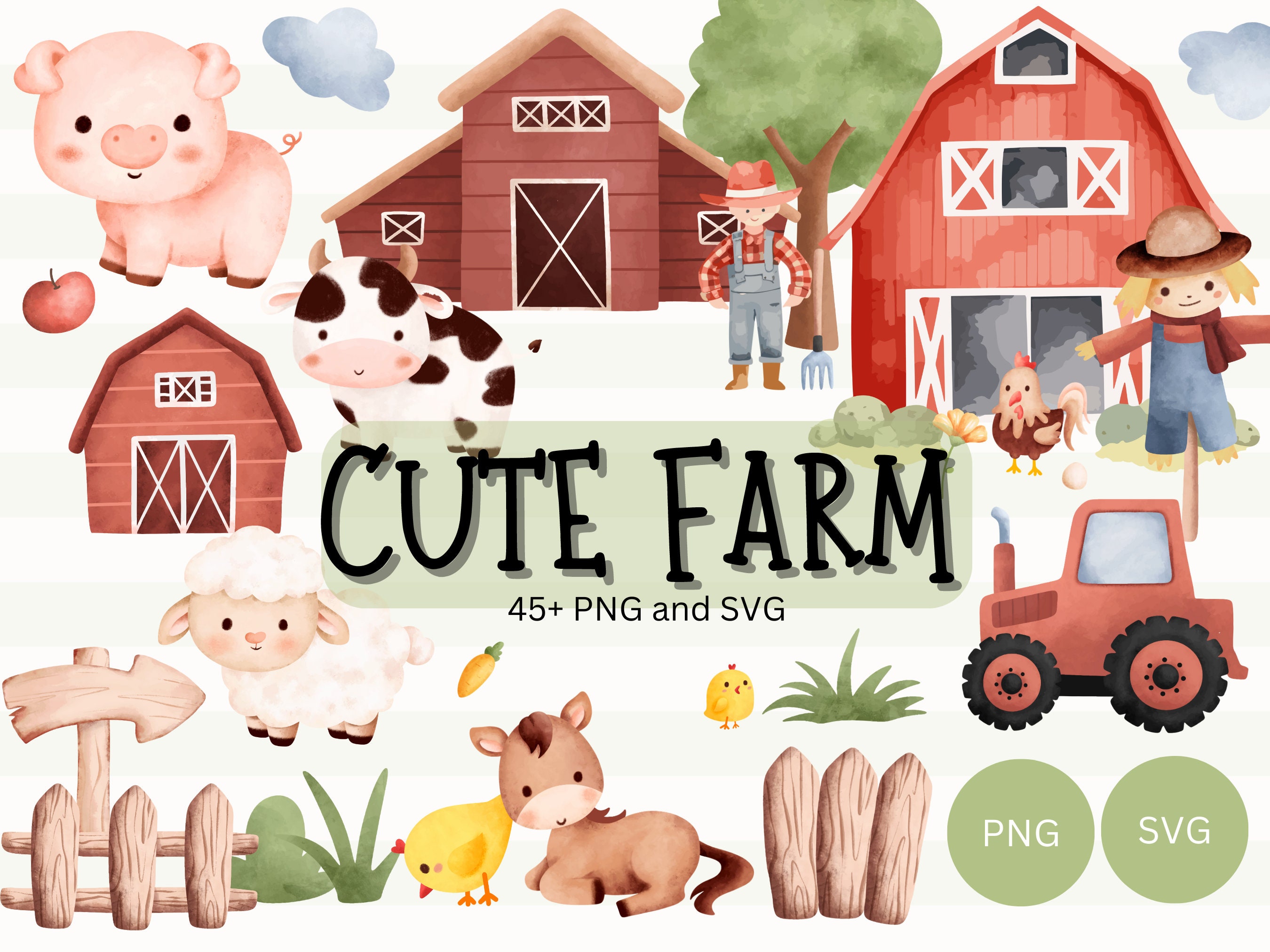 Cute Farm Clipart Farm Animals Watercolor PNG & SNG Digital - Etsy