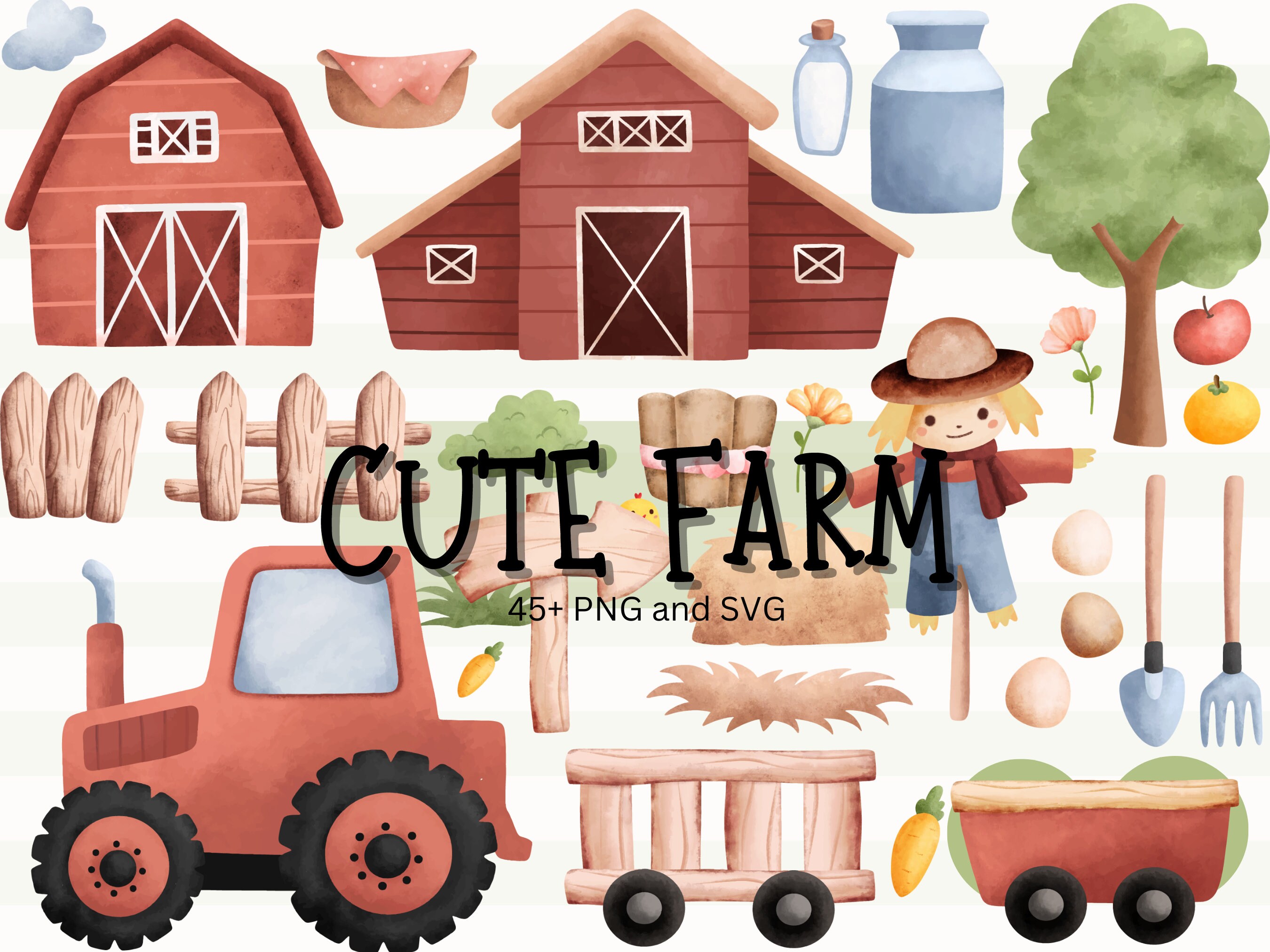 Cute Farm Clipart, Farm Animals Watercolor PNG & SNG Digital Clipart ...