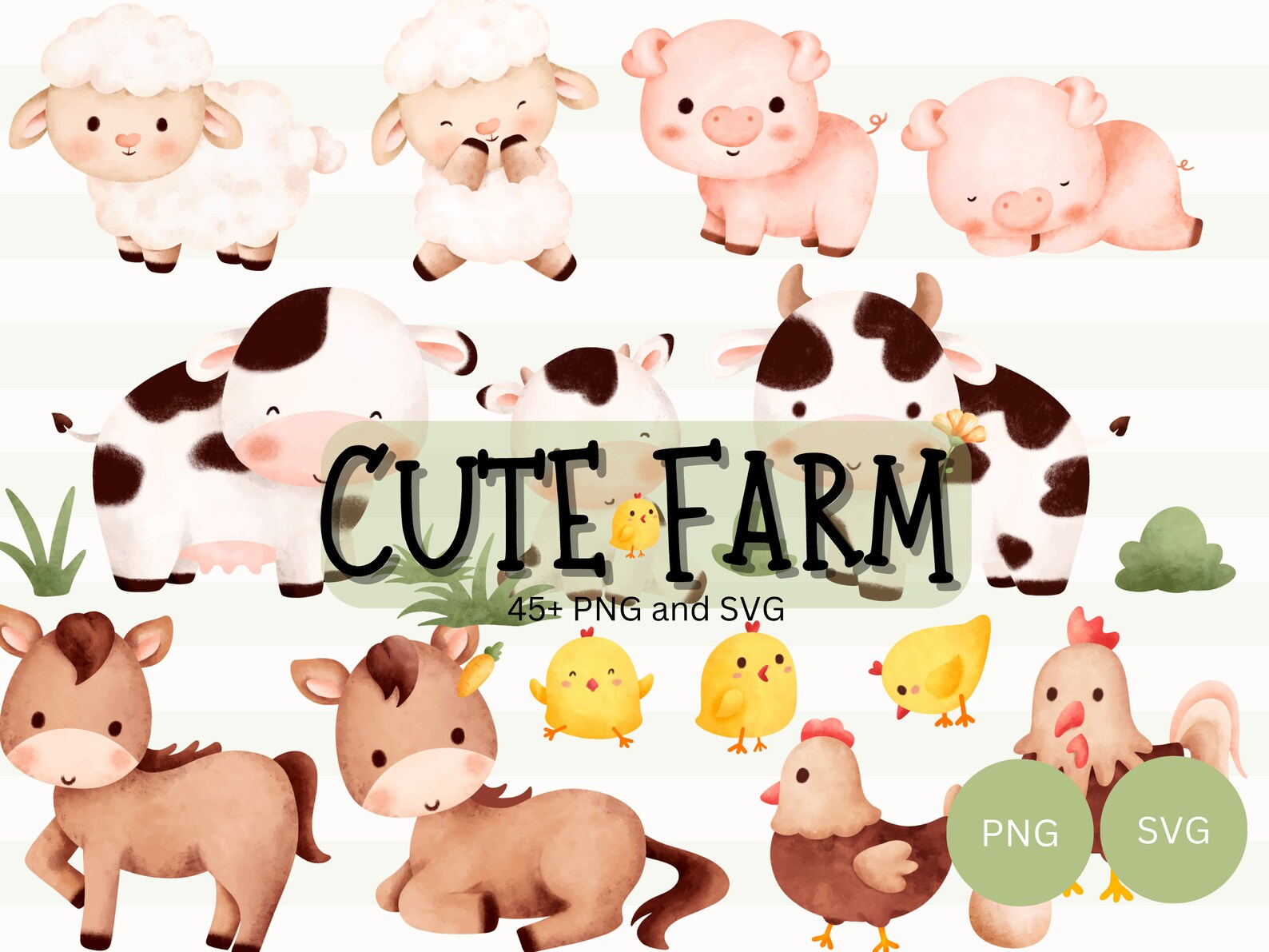 Cute Farm Clipart, Farm Animals Watercolor PNG & SNG Digital Clipart ...