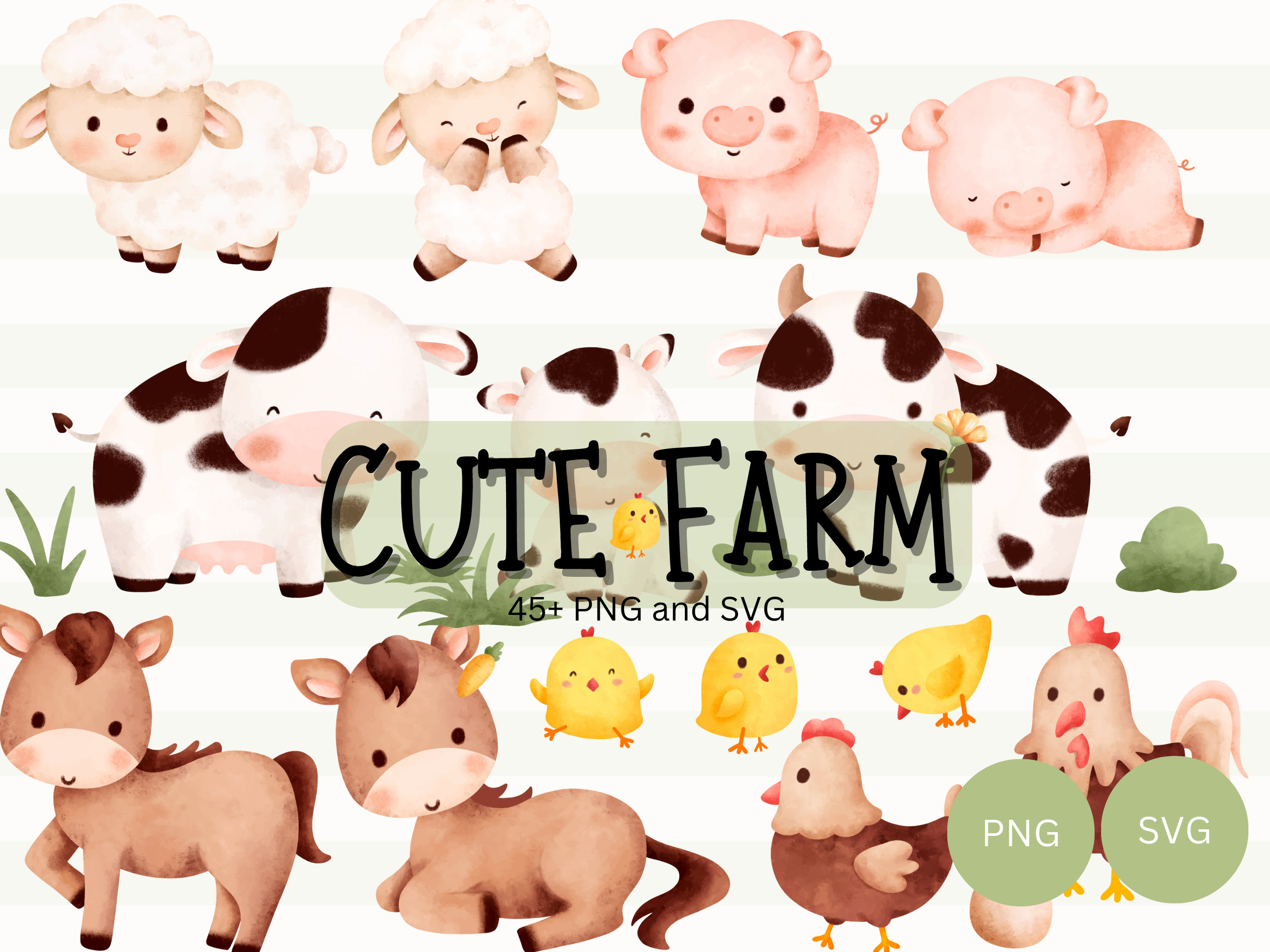 Cute Farm Clipart Farm Animals Watercolor PNG & SNG Digital - Etsy
