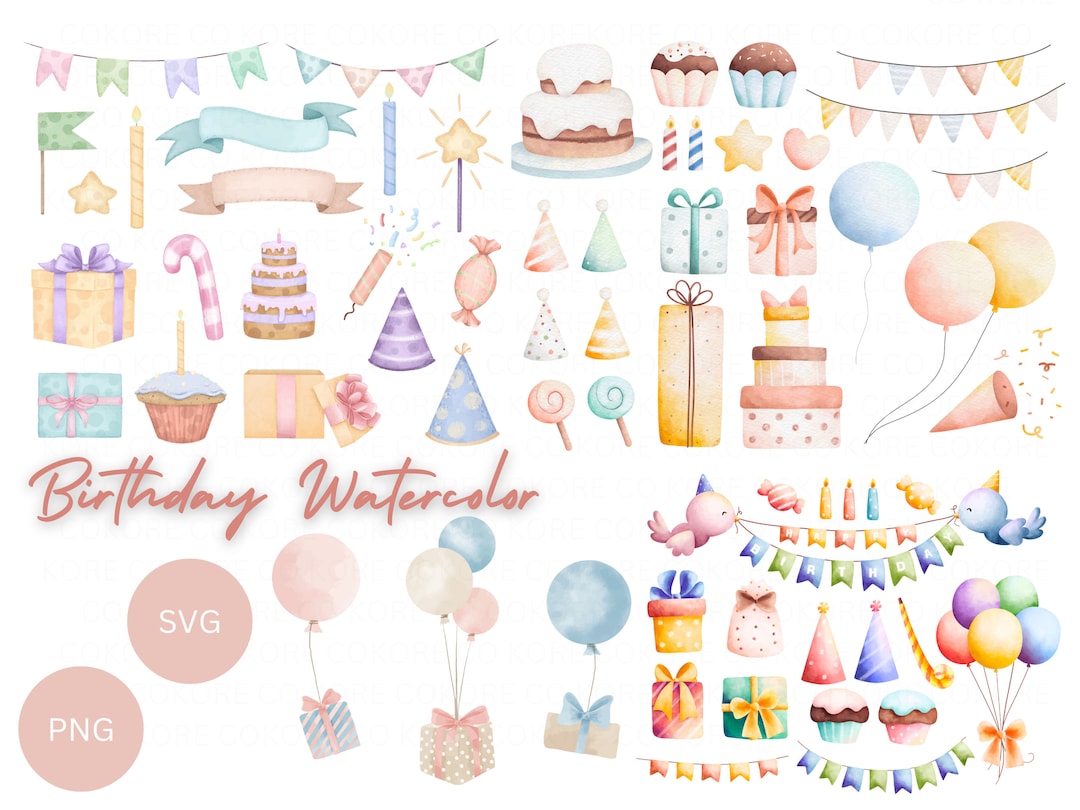 Birthday Party Pastel Watercolour Clipart Bundle, 20 Transparent PNG ...
