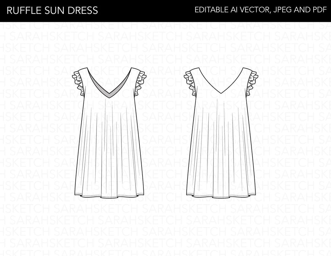 Ruffle Sun Dress | Flat Sketch Technical Drawing | AI Vector, JPEG, PDF ...
