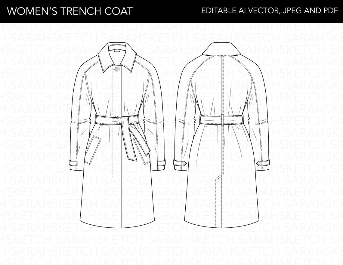 Trench Coat | Flat Sketch Technical Drawing | AI Vector, JPEG, PDF - Etsy