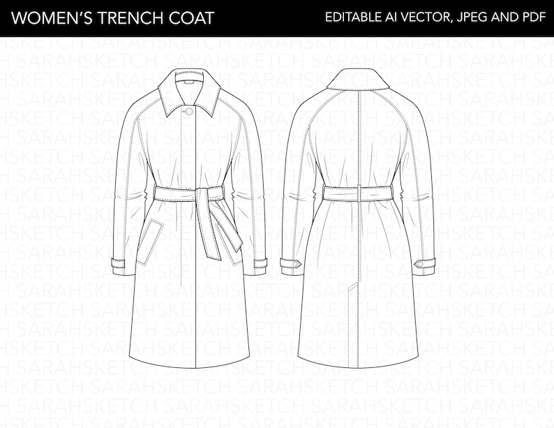 Trench Coat | Flat Sketch Technical Drawing | AI Vector, JPEG, PDF - Etsy
