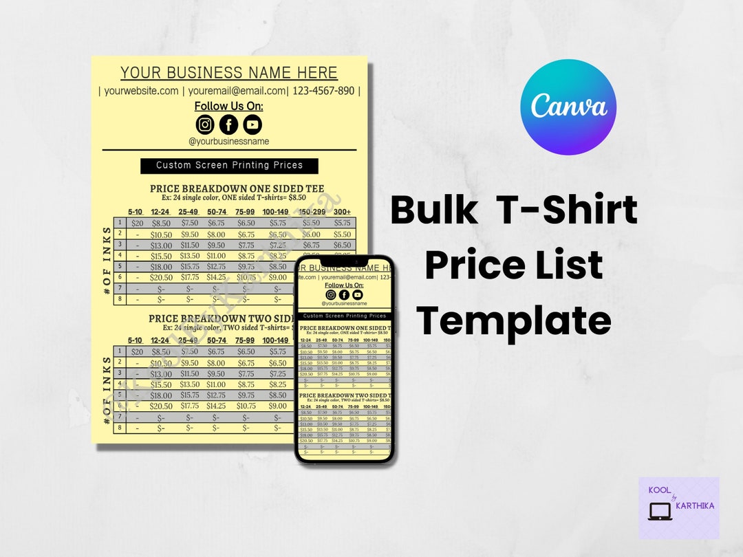 Canva Bulk T-shirt Price List Template, Editable Canva Template, T-shirt Price Guide, Price List ...
