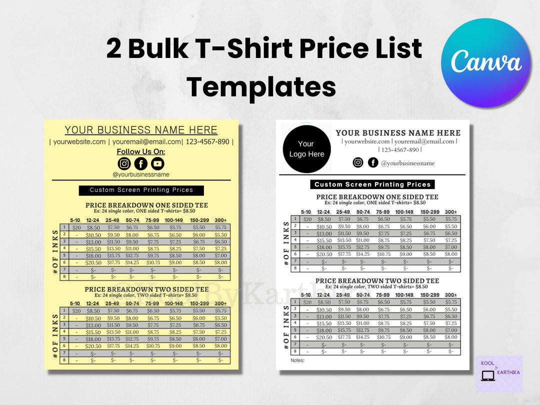 Two Canva Bulk T-shirt Price List Template, Editable Canva Template, T ...