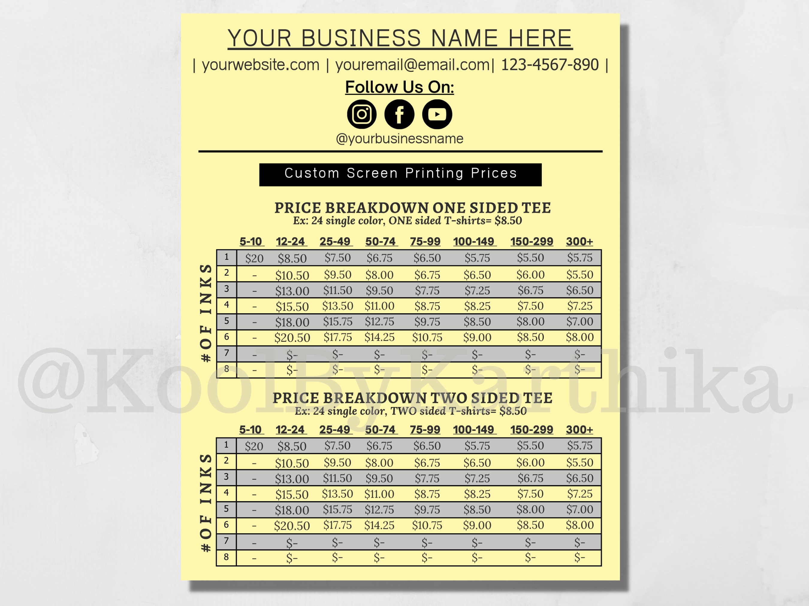 Canva Bulk T-shirt Price List Template, Editable Canva Template, T ...
