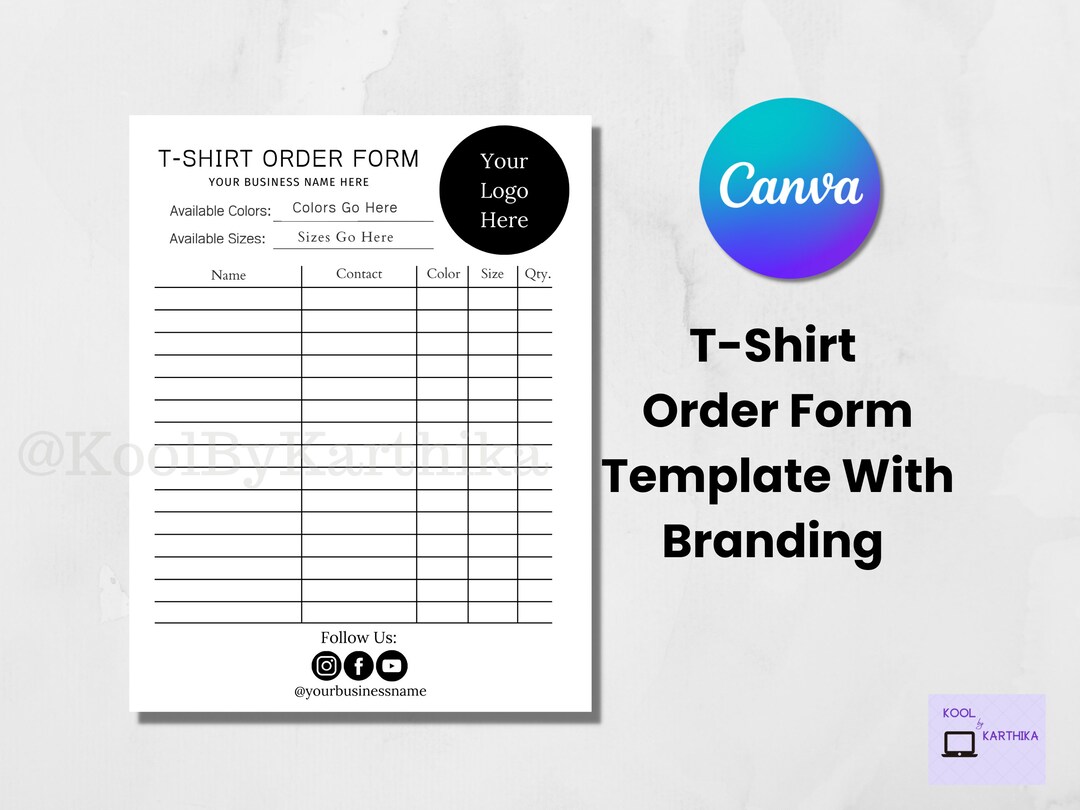 Editable T-shirt Order Form Template With Branding, Printable Small ...