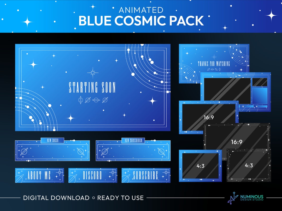 Blue Cosmic Animated Twitch Stream Overlay Package | Screens, Alerts ...