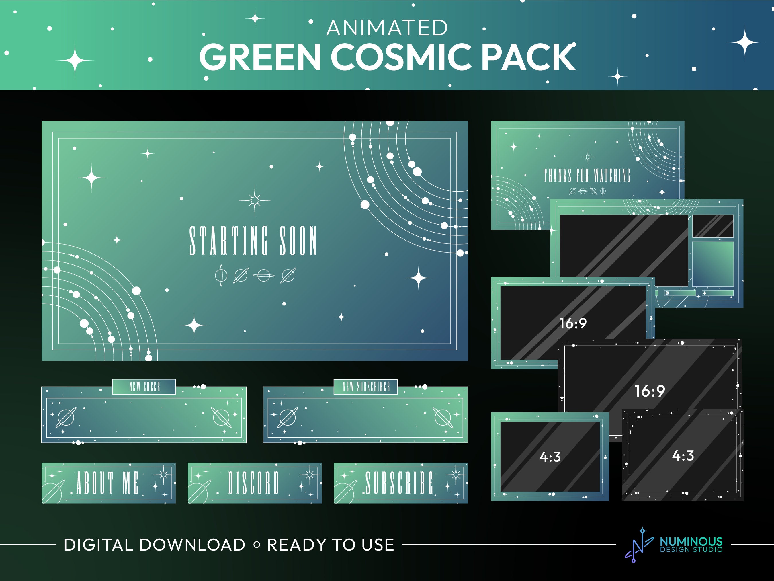 Green Cosmic Animated Twitch Stream Overlay Package | Screens, Alerts ...