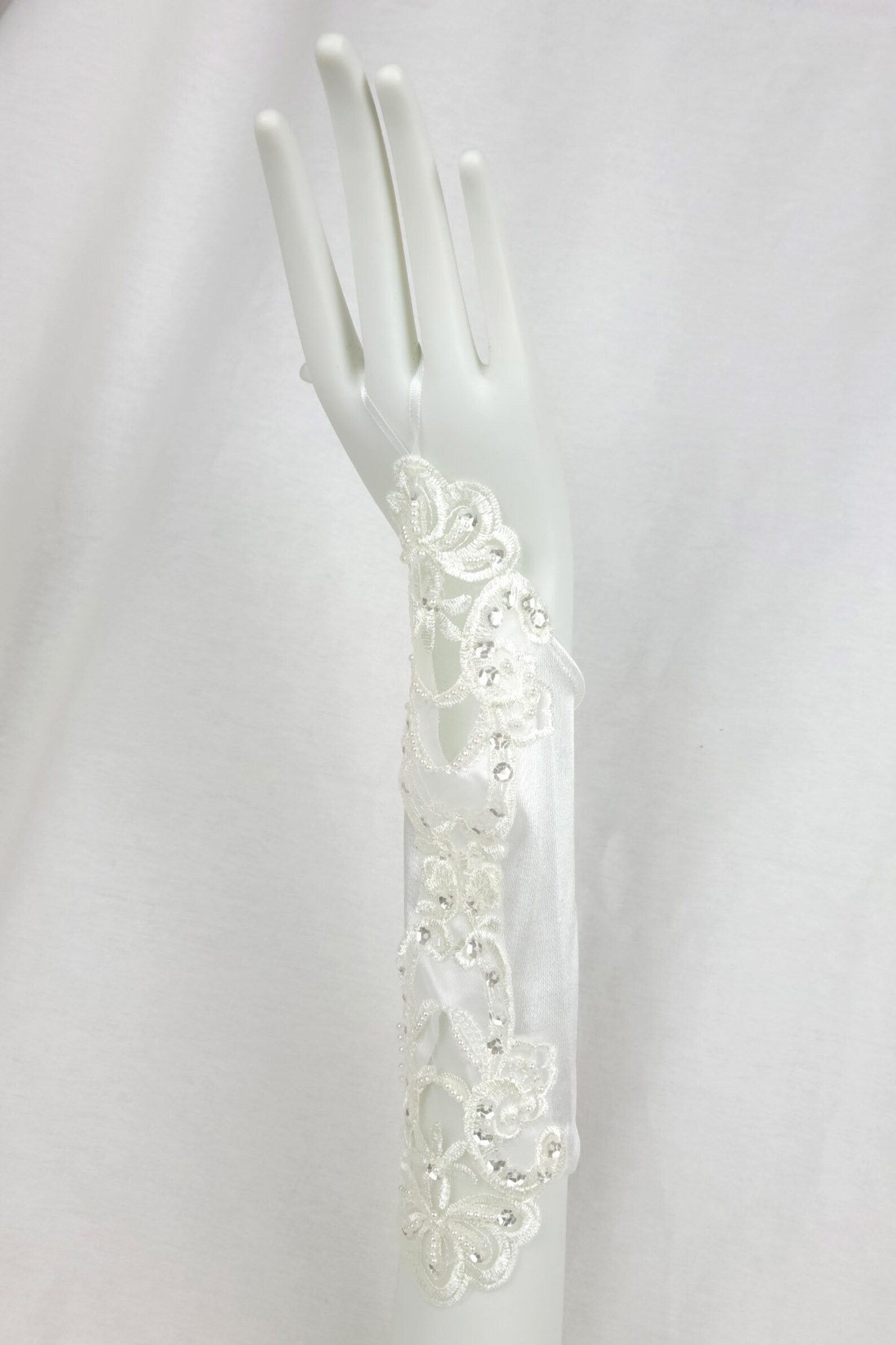 Pair of Sheer Lace and Satin Fingerless Evening Gloves With Sequins and ...
