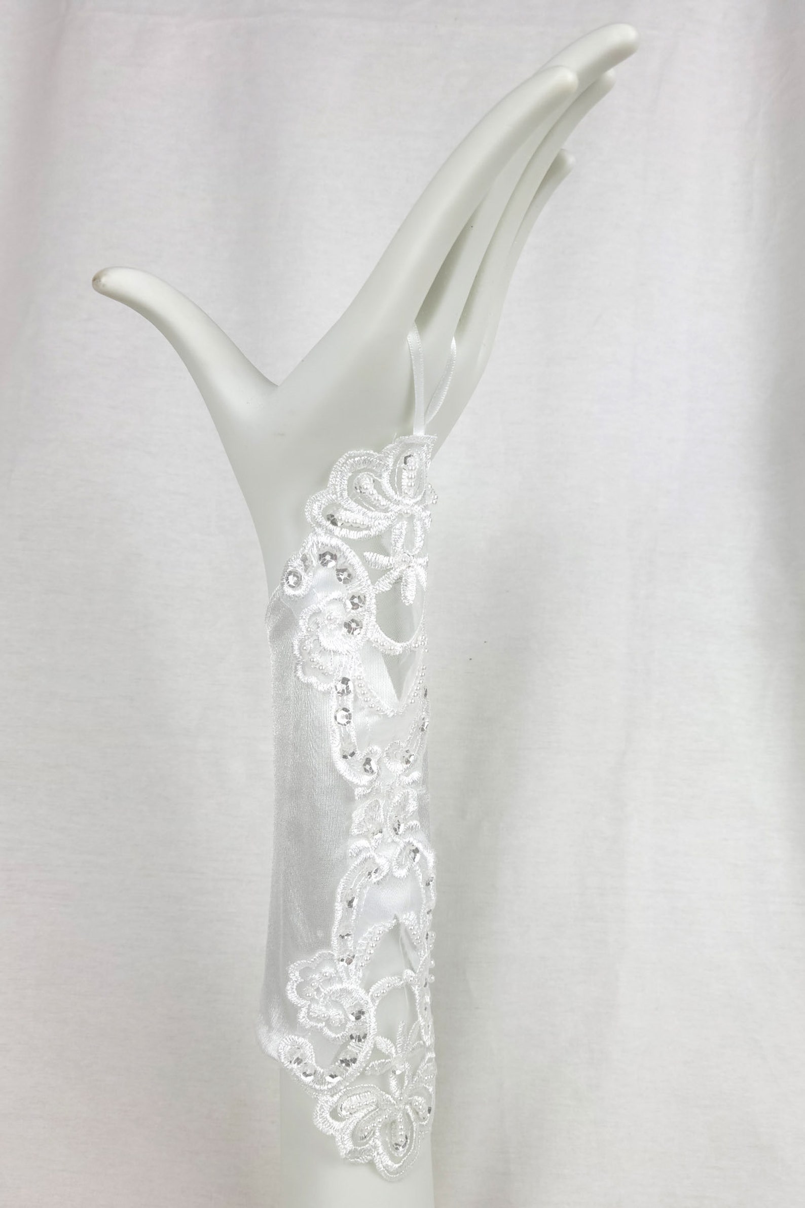 Pair of Sheer Lace and Satin Fingerless Evening Gloves With Sequins and ...