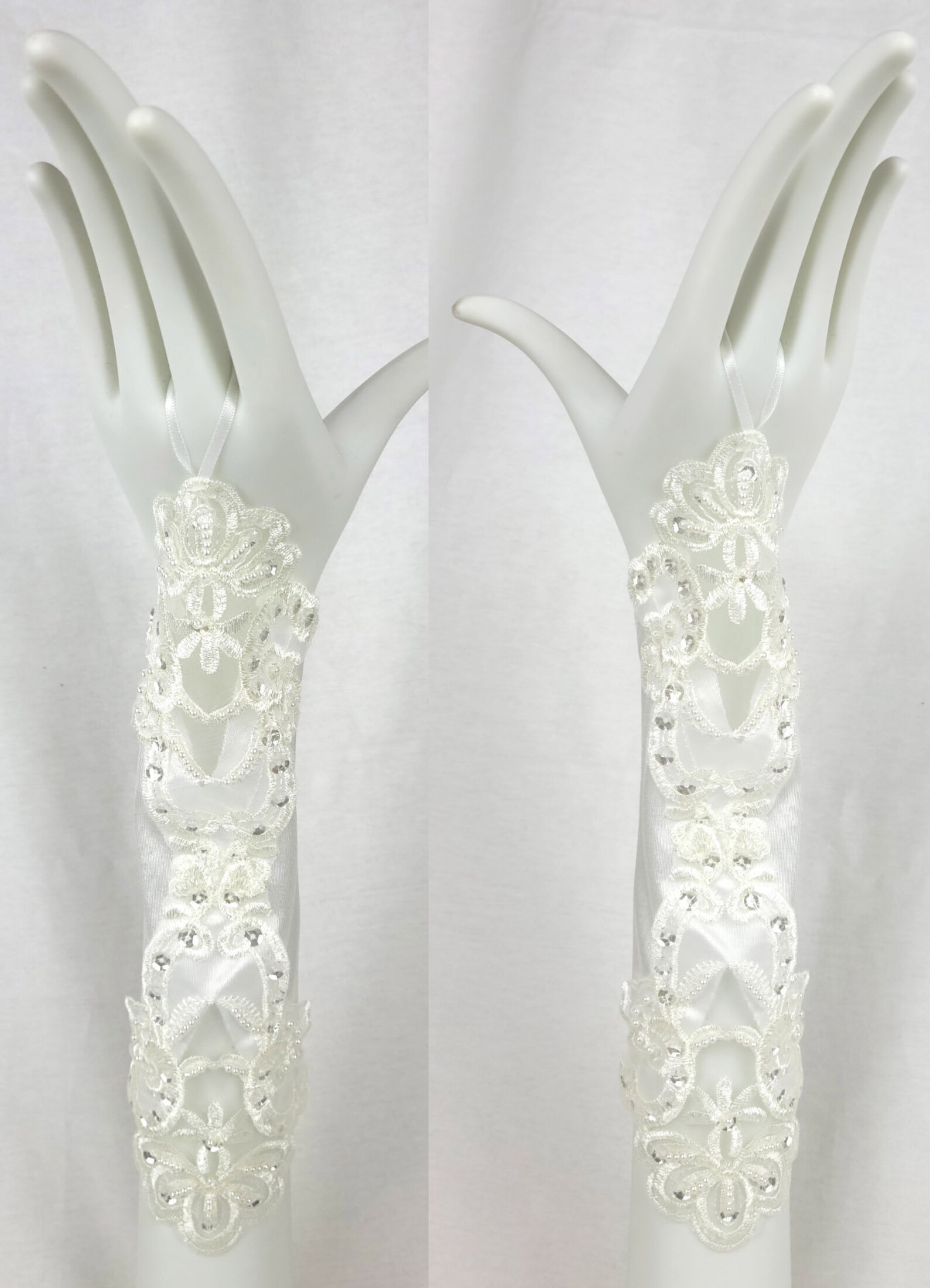 Pair of Sheer Lace and Satin Fingerless Evening Gloves With Sequins and ...