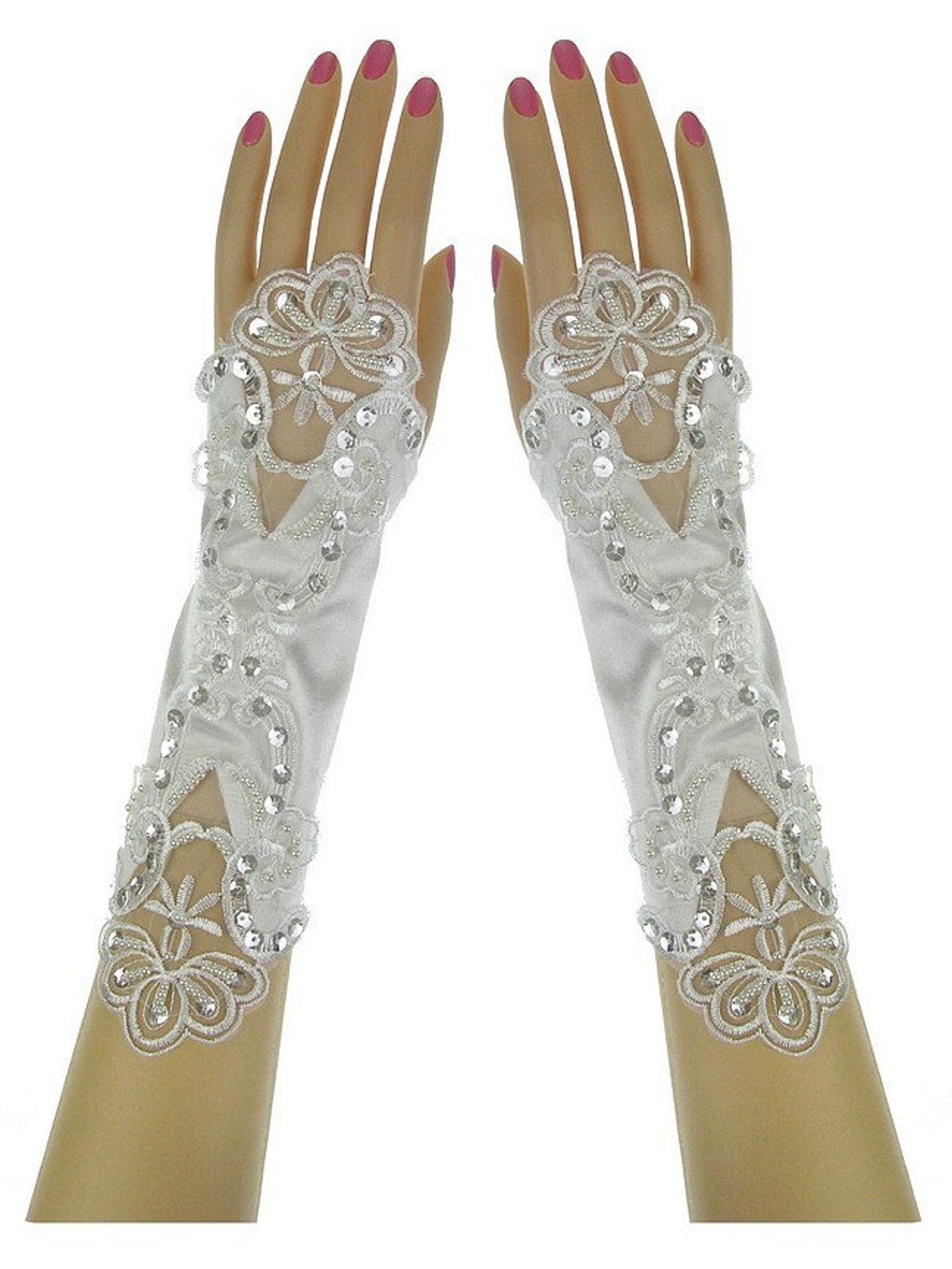 Pair of Sheer Lace and Satin Fingerless Evening Gloves With Sequins and ...